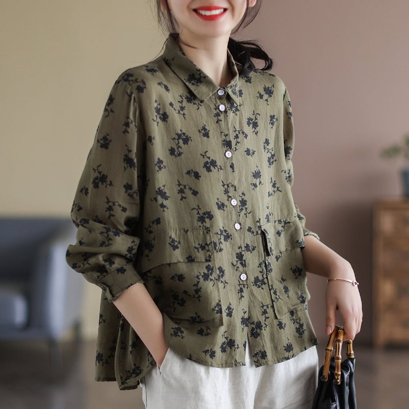 Retro Lin Dame Blomstret Løs Casual Bluse | Klær Dame Bluser & Skjorter